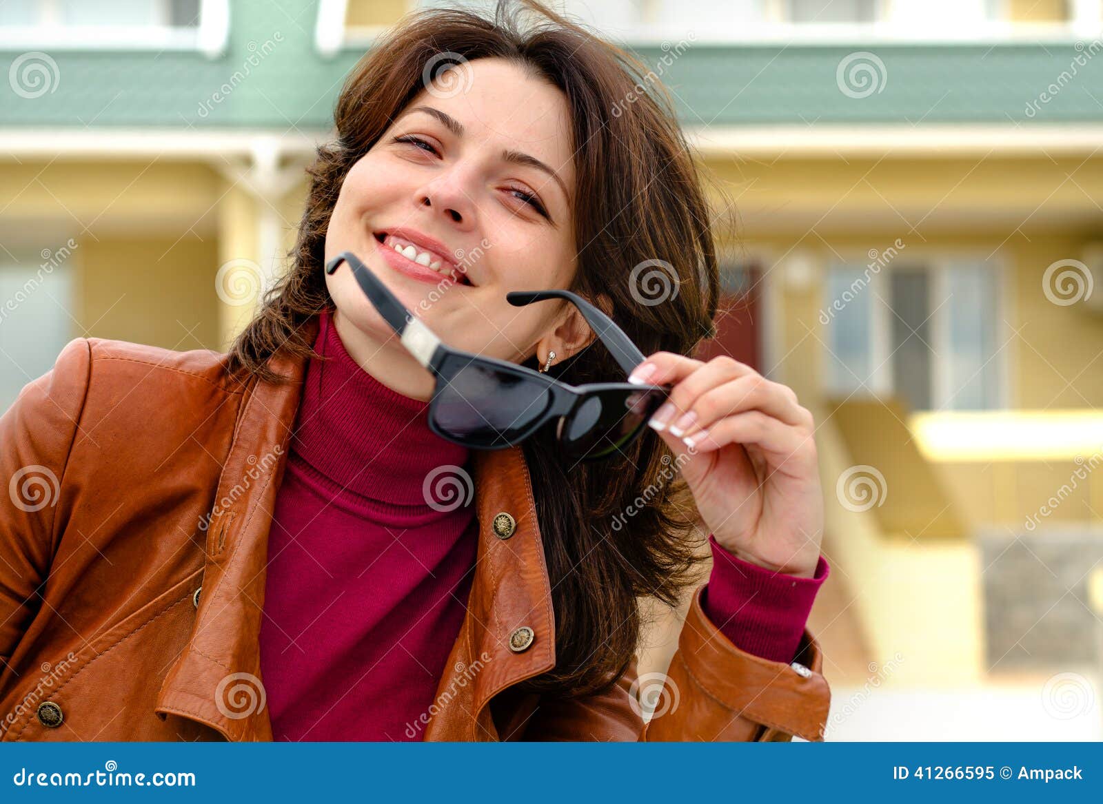 Lady in Front of House Removing Sunglasses Stock Image - Image of ...