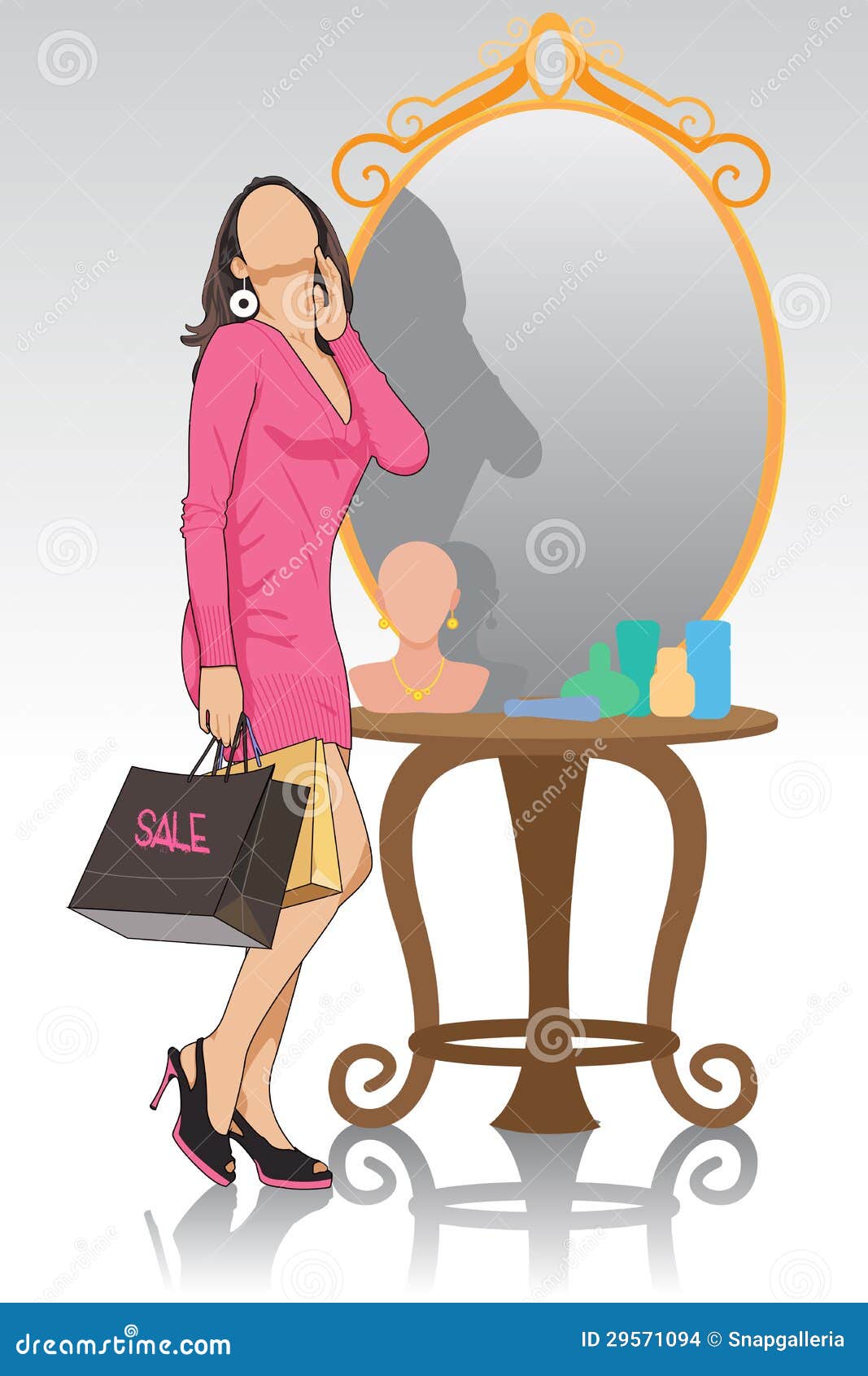 Lady In Mirror. Pretty Woman Specular Reflect In Room Interior ...