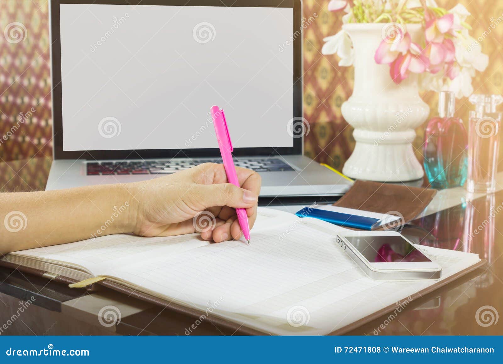 Lady or Girl Hand and Pen Write Down on Blank Note Book with Empty ...