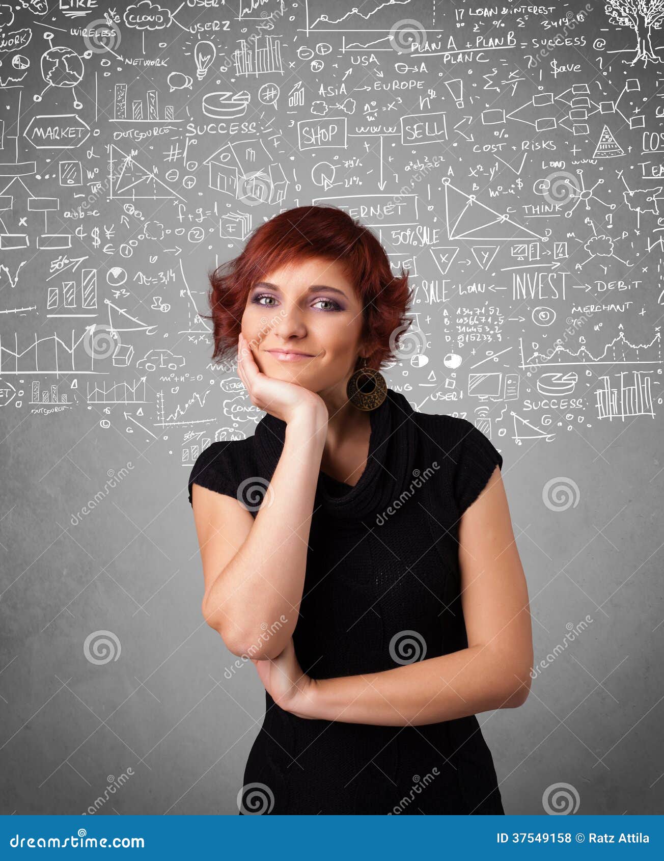 Lady with Hand Drawn White Calculations and Icons Stock Photo - Image ...