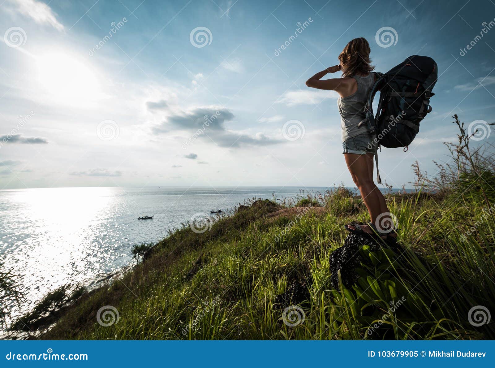 Lady hiker with backpack stock image. Image of freedom - 103679905