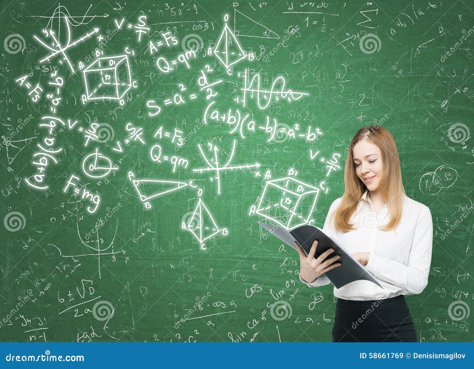 Lady is Holding a Black Document Folder and a Range of Math Formulas ...