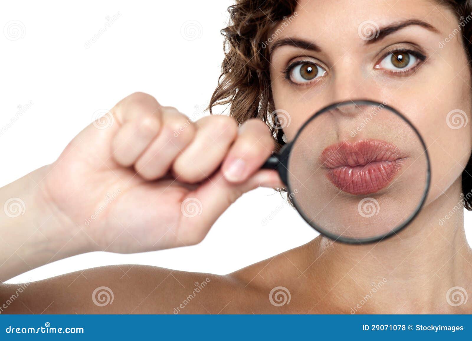 Lady Holding Magnifying Glass in Front of Her Lips Stock Photo - Image ...