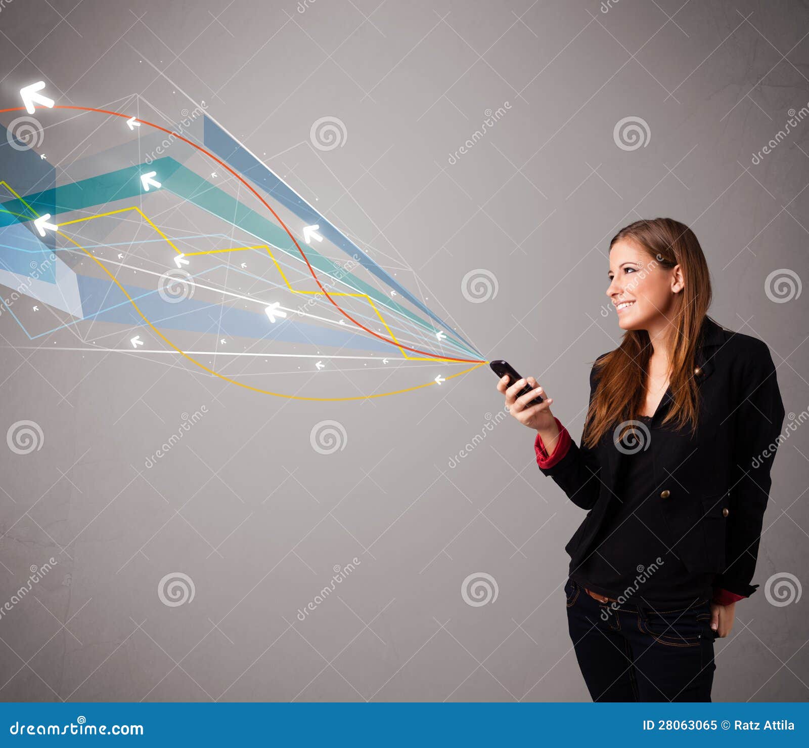 Lady Holding a Phone with Colorful Abstract Lines Stock Image - Image ...