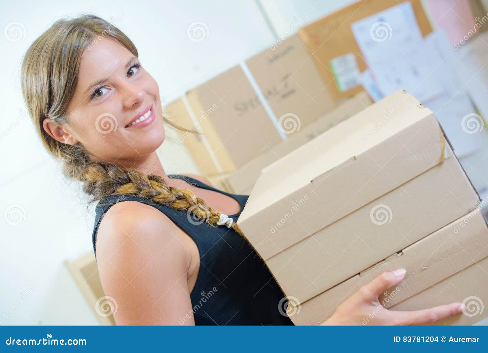 Lady holding stack boxes stock photo. Image of work, success - 83781204