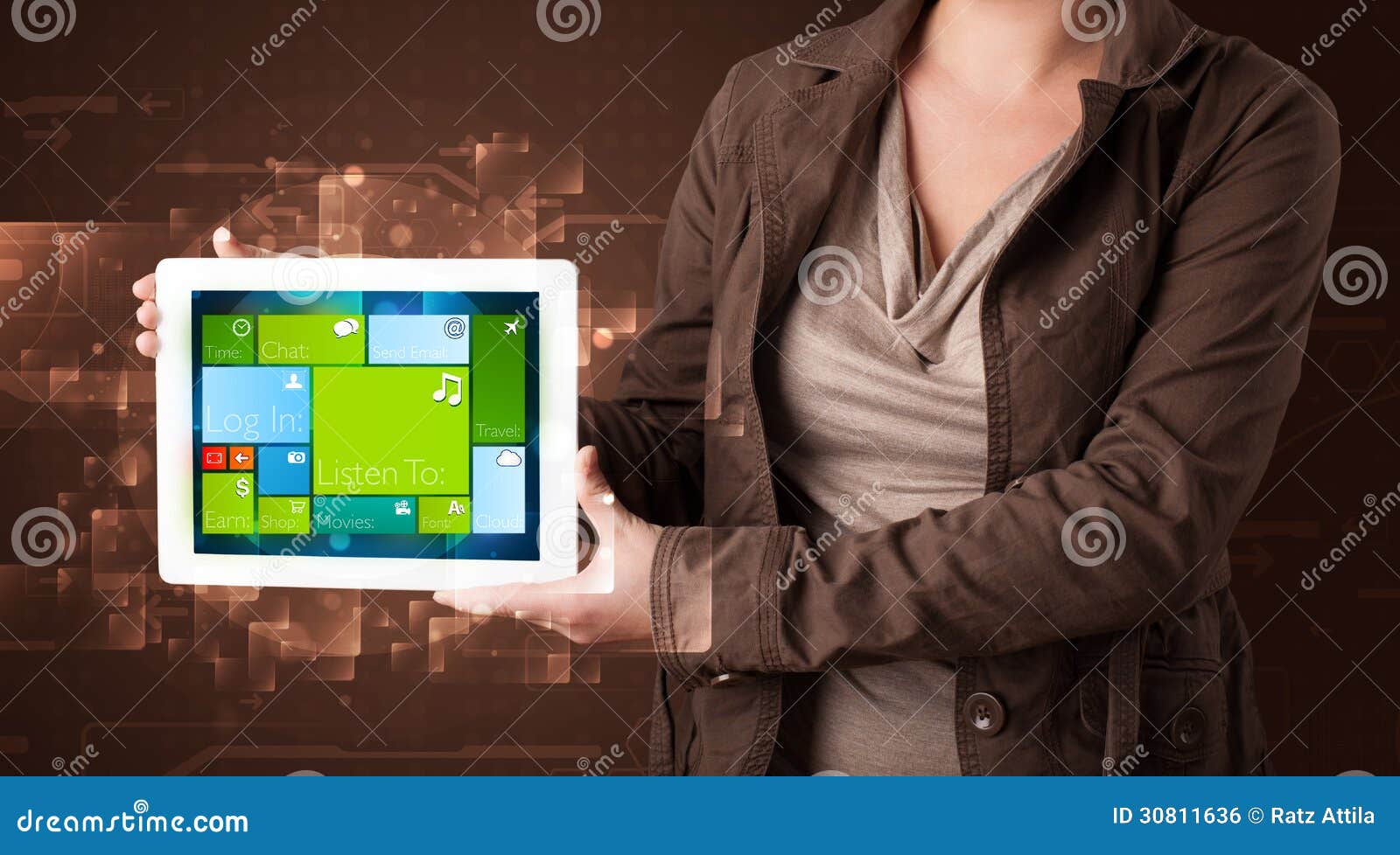 Lady Holding Tablet with Modern Software Operational System Stock Photo ...