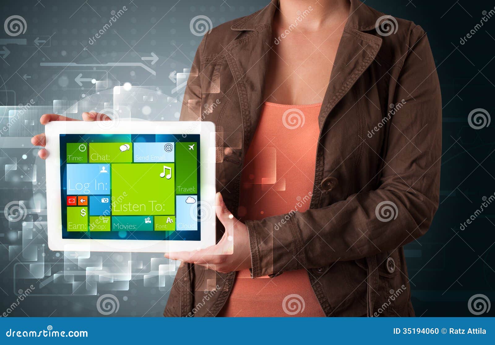Lady Holding Tablet with Modern Software Operational System Stock Photo ...