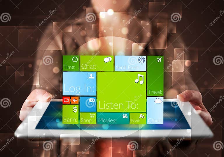 Lady Holding Tablet with Modern Software Operational System Stock Photo ...