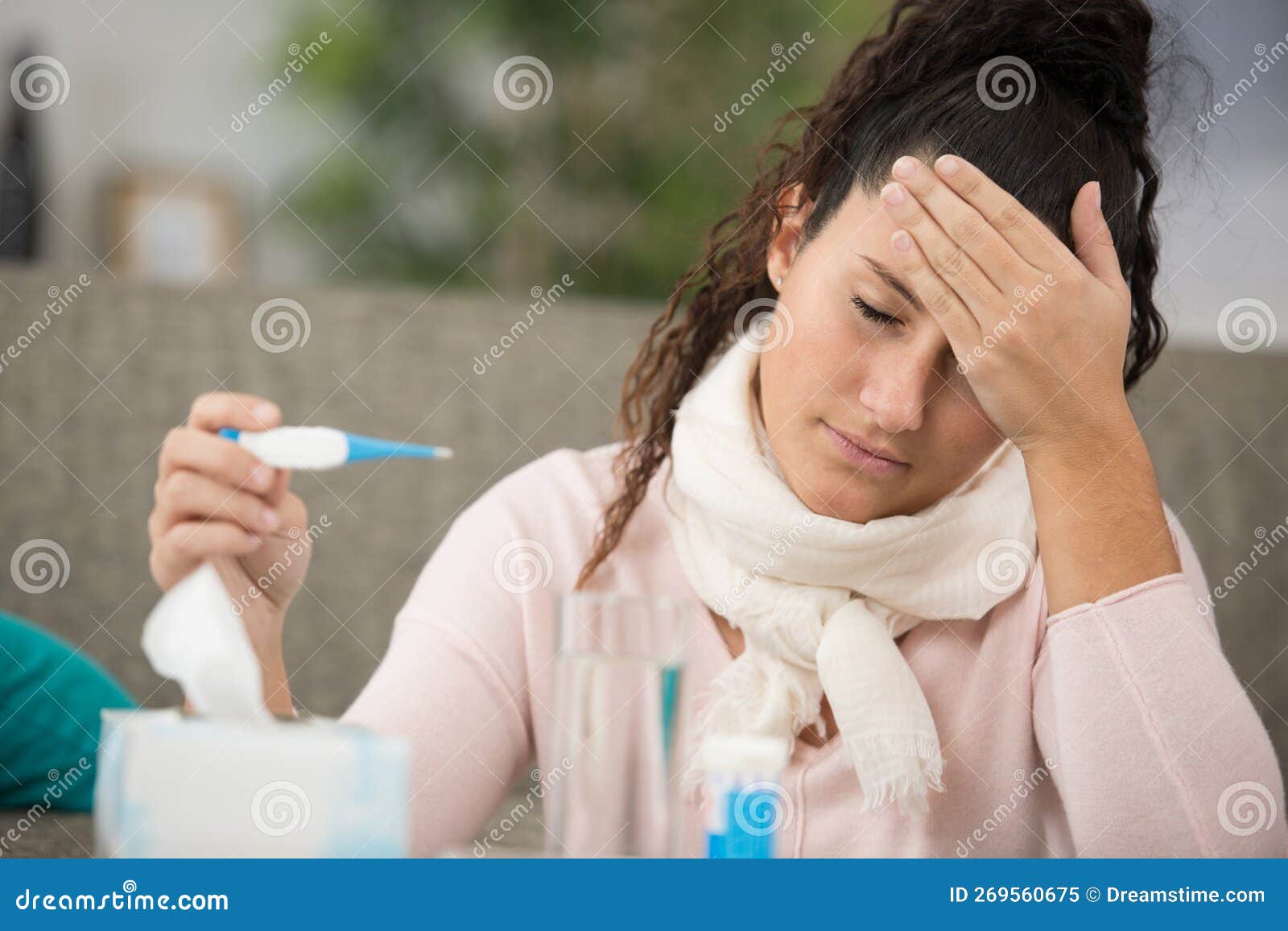 Lady Holding Thermometre and Feeling Temperature Forehead Stock Image ...