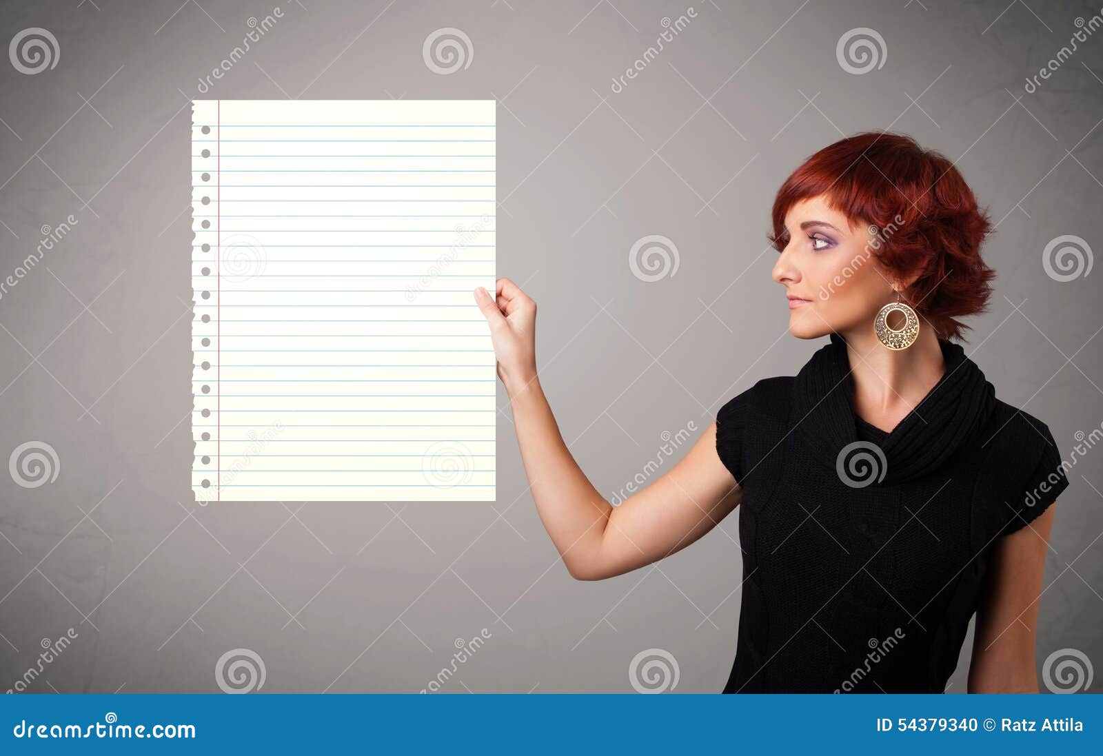 Lady Holding White Paper Copy Space with Diagonal Lines Stock Photo ...