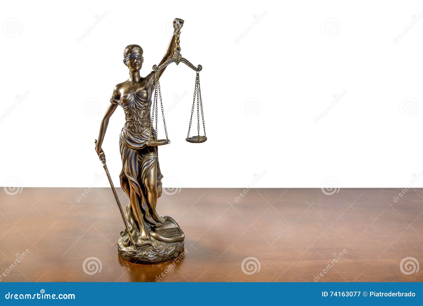 Lady Justice on Wooden Table Isolated on White Background Stock Image ...