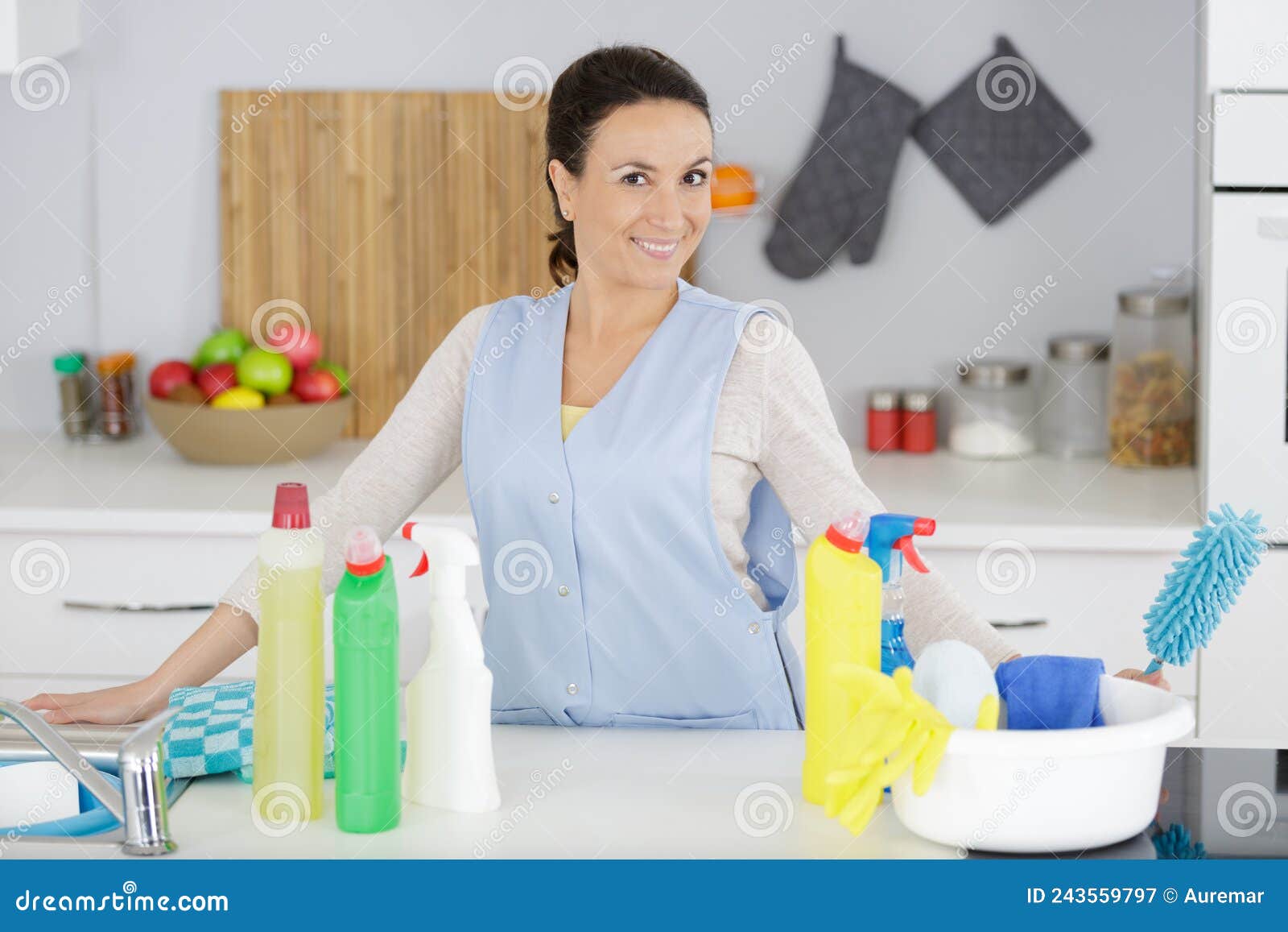 Lady in Kitchen with Various Cleaning Products Stock Image - Image of ...