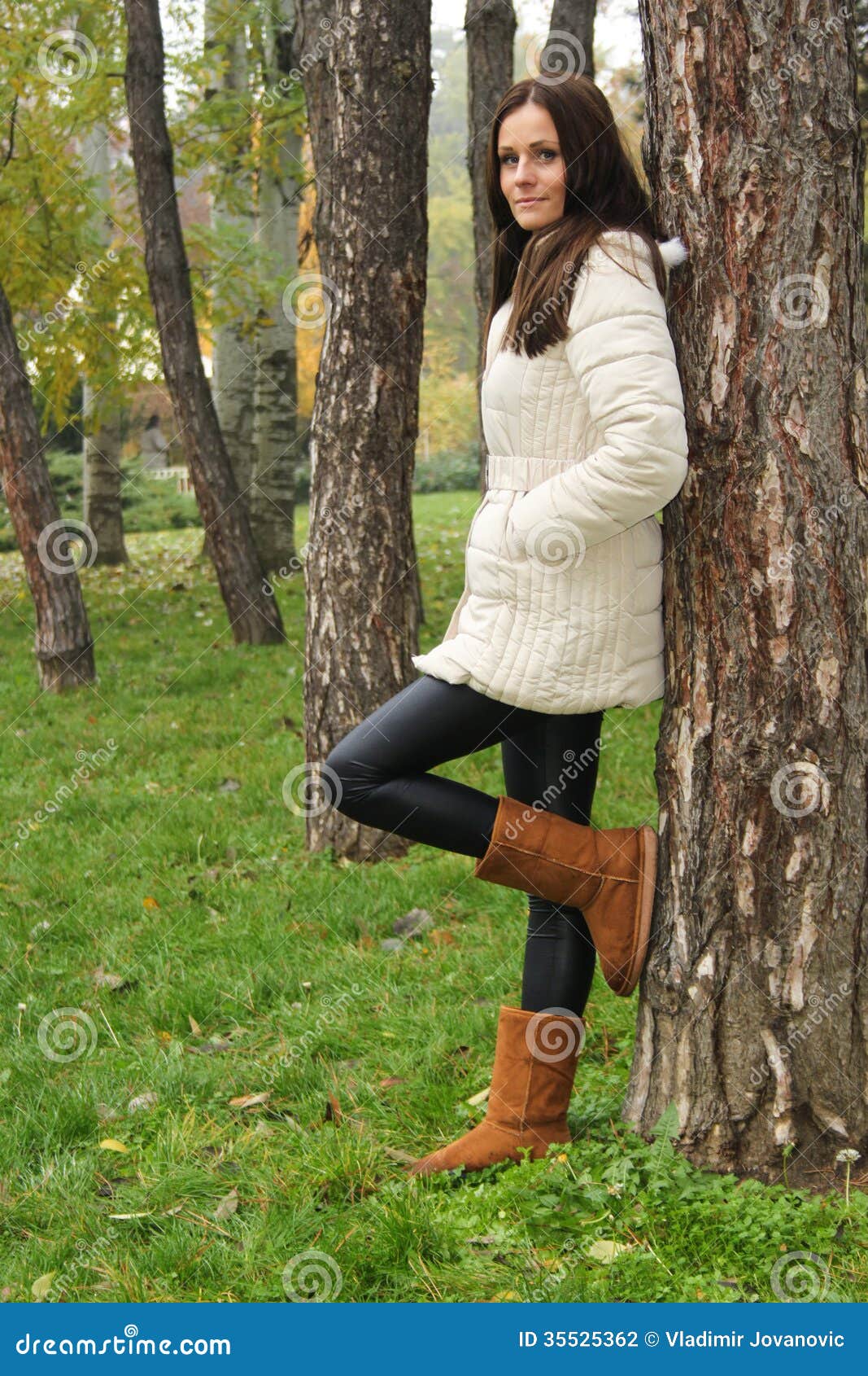 Lady leaning on tree stock photo. Image of outdoors, enjoying - 35525362