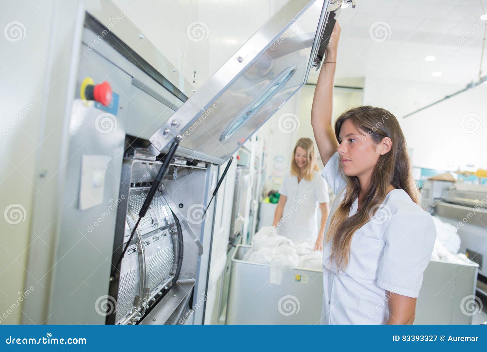 Lady Lifting Open Door Machine in Professional Laundry Stock Image ...