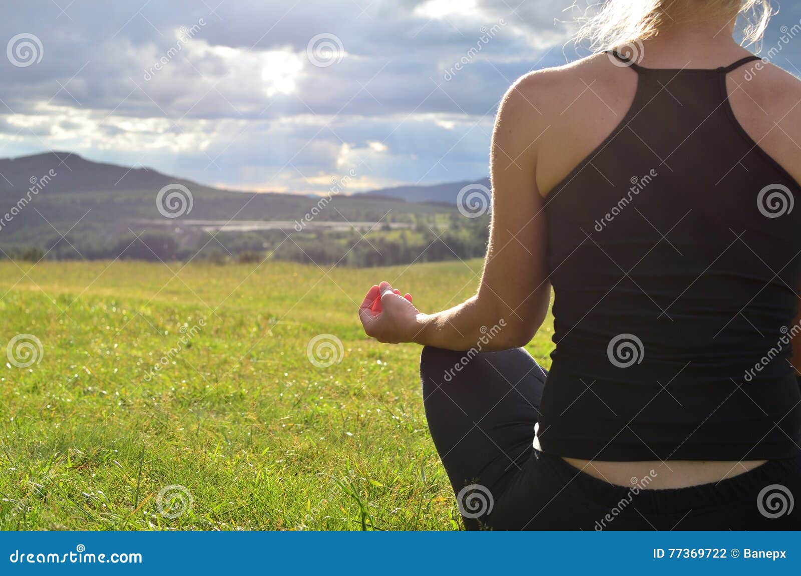 Lady Meditating on Field stock photo. Image of balance - 77369722
