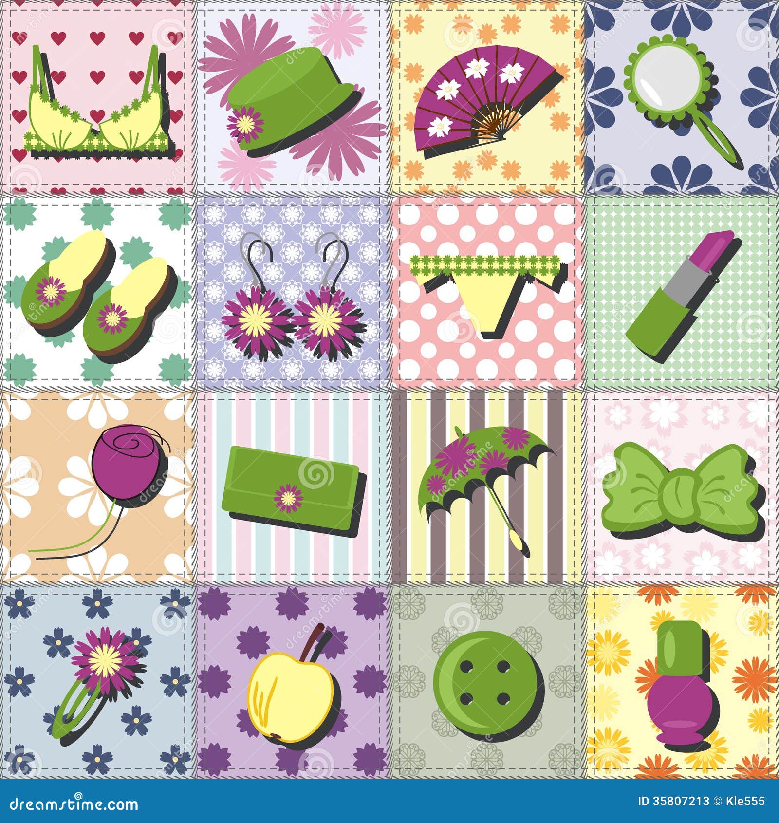 Lady Objects on Patchwork Background Stock Illustration - Illustration ...