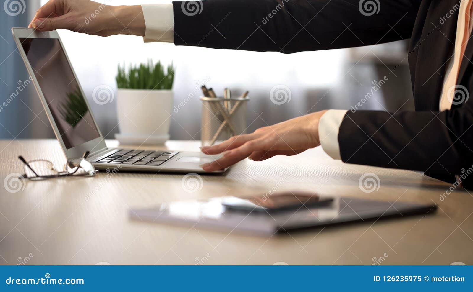 Lady Opening Laptop Computer and Preparing for Work, Modern ...