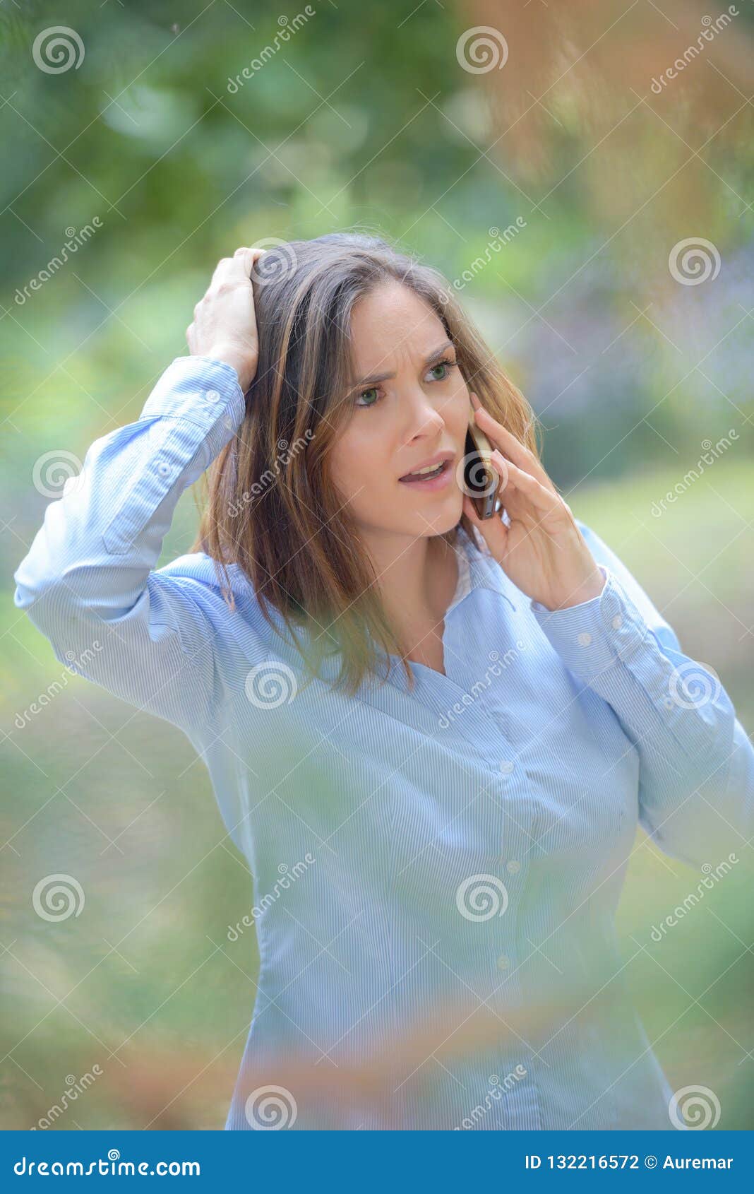 Lady Outdoors on Telephone Looking Distressed Stock Photo - Image of ...
