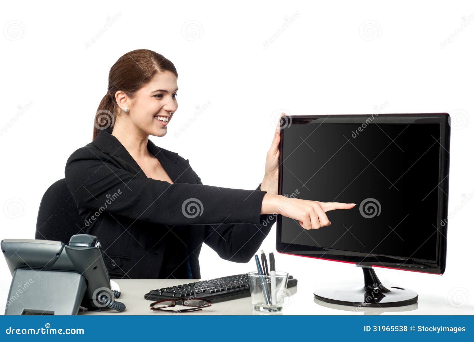 Lady Pointing on Blank Computer Screen Stock Photo - Image of keyboard ...
