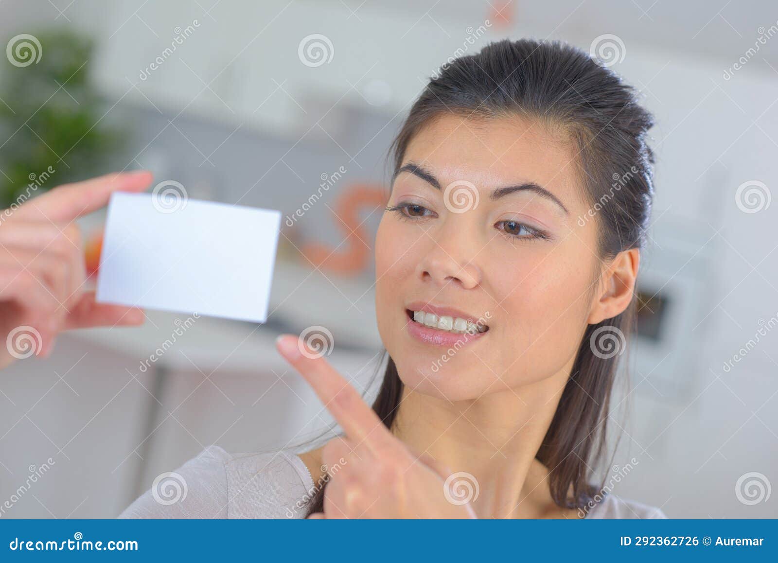 Lady Pointing To Blank Business Card Stock Photo - Image of space ...