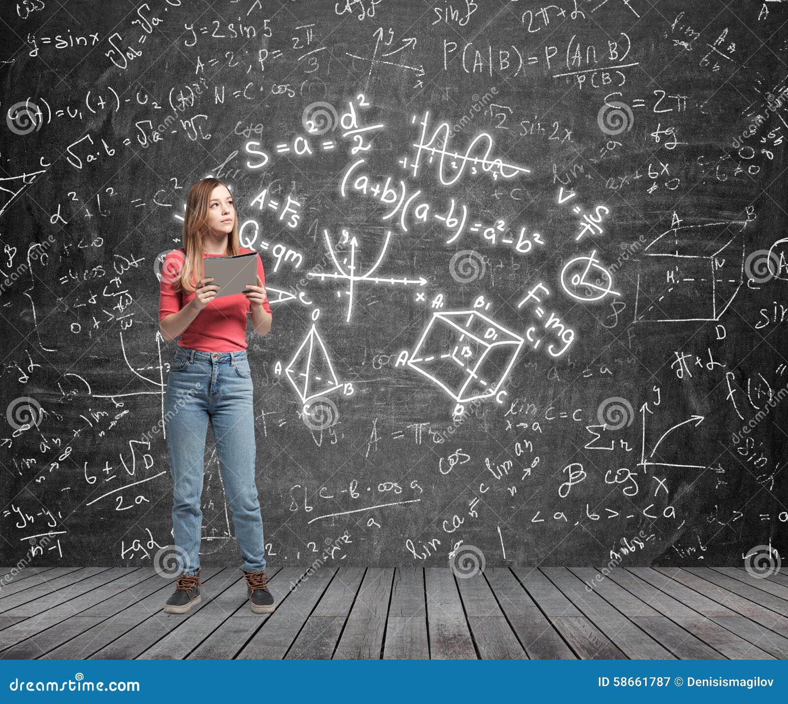 Lady is Pondering about Complicated Math Problem. Formulas and Graphs ...