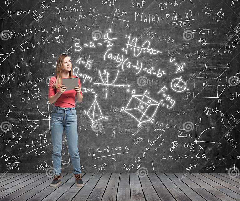Lady is Pondering about Complicated Math Problem. Formulas and Graphs ...