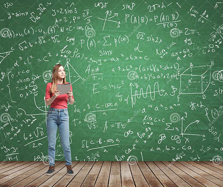 Lady is Pondering about Complicated Math Problem. Formulas and Graphs ...
