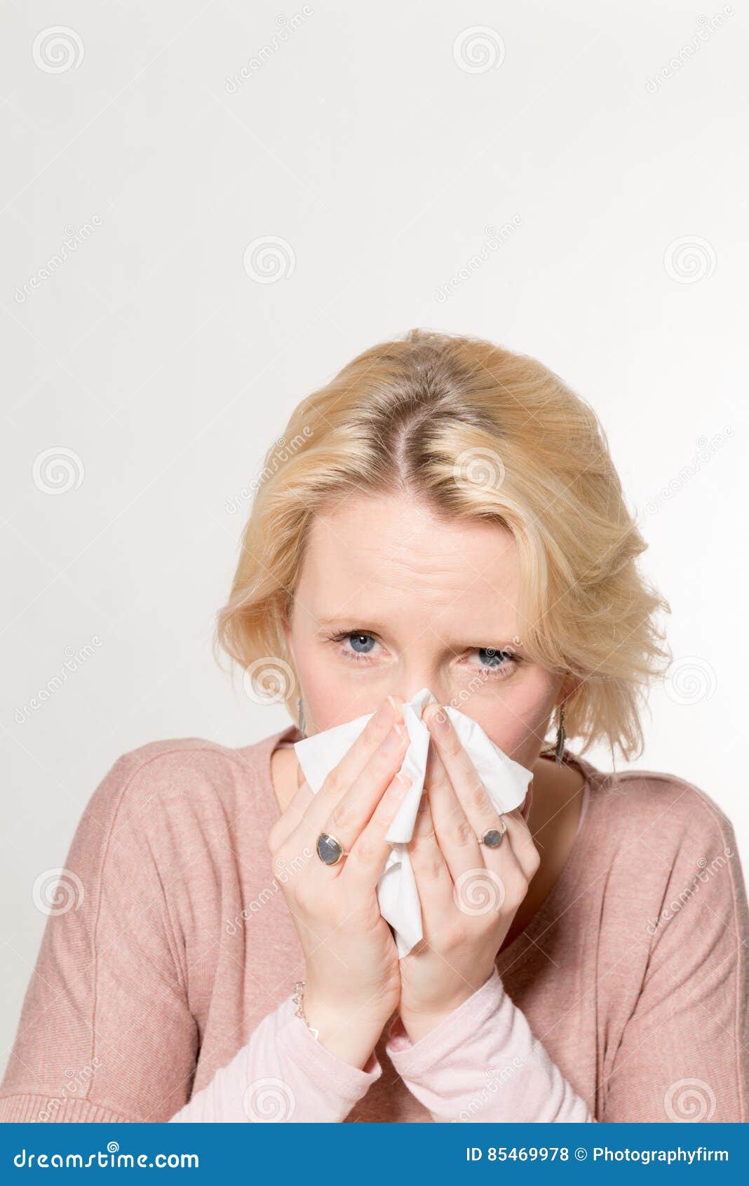 Lady Pressing Tissue on Nose with Copy Space Stock Photo - Image of ...