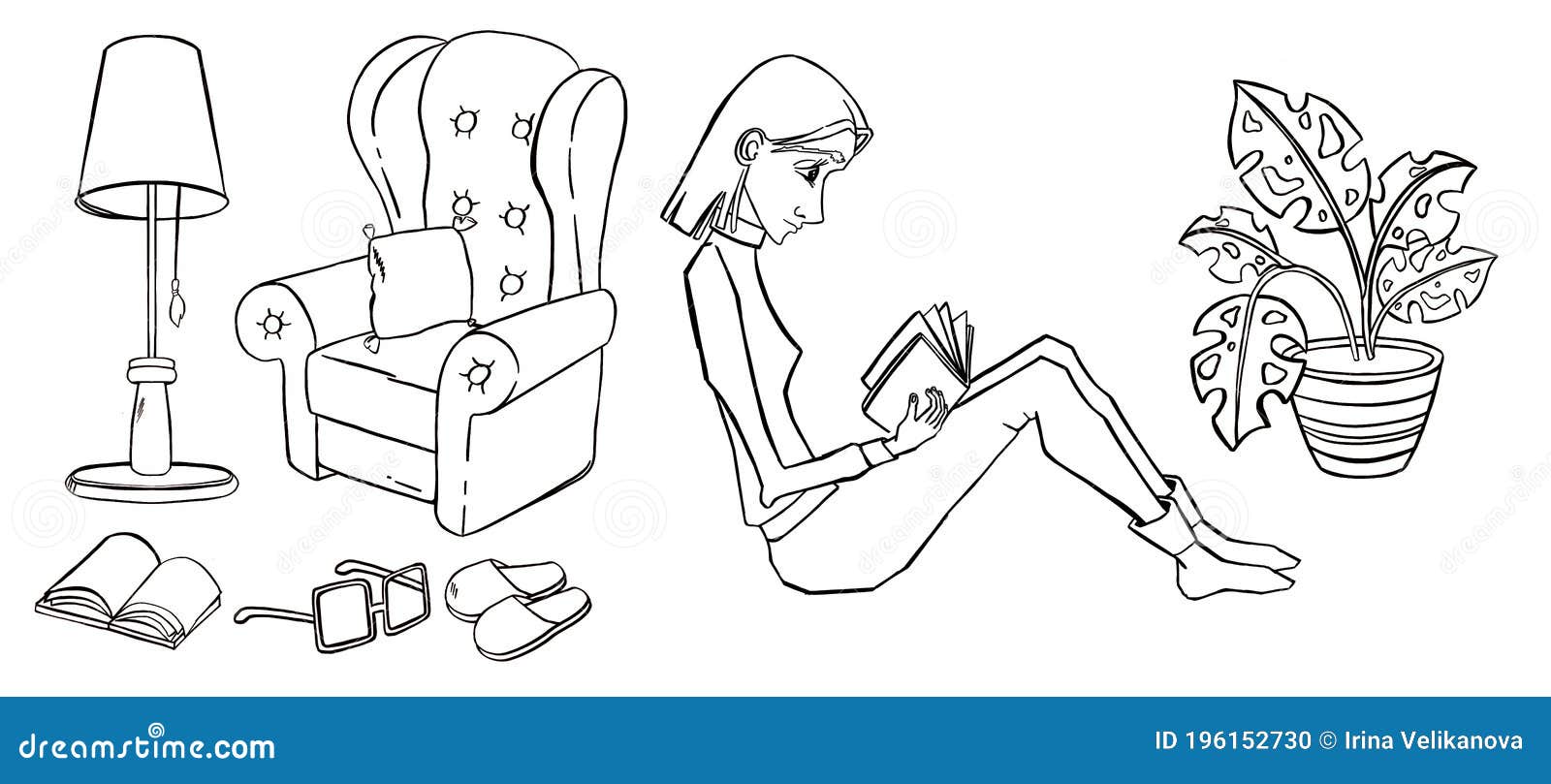 Lady Reading with Lamp and Books Stock Illustration - Illustration of ...