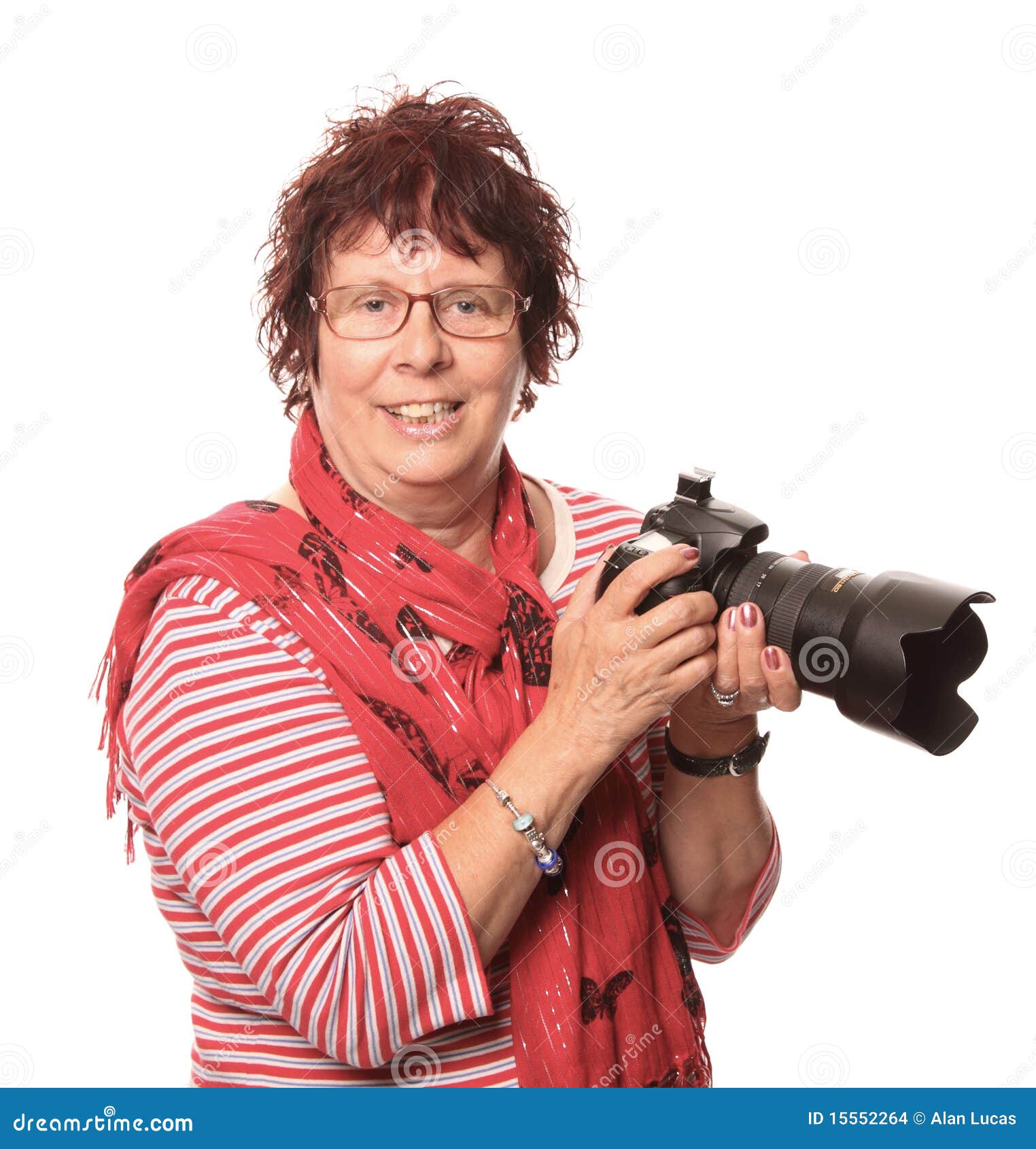 Lady in Red with a Camera stock photo. Image of happy - 15552264