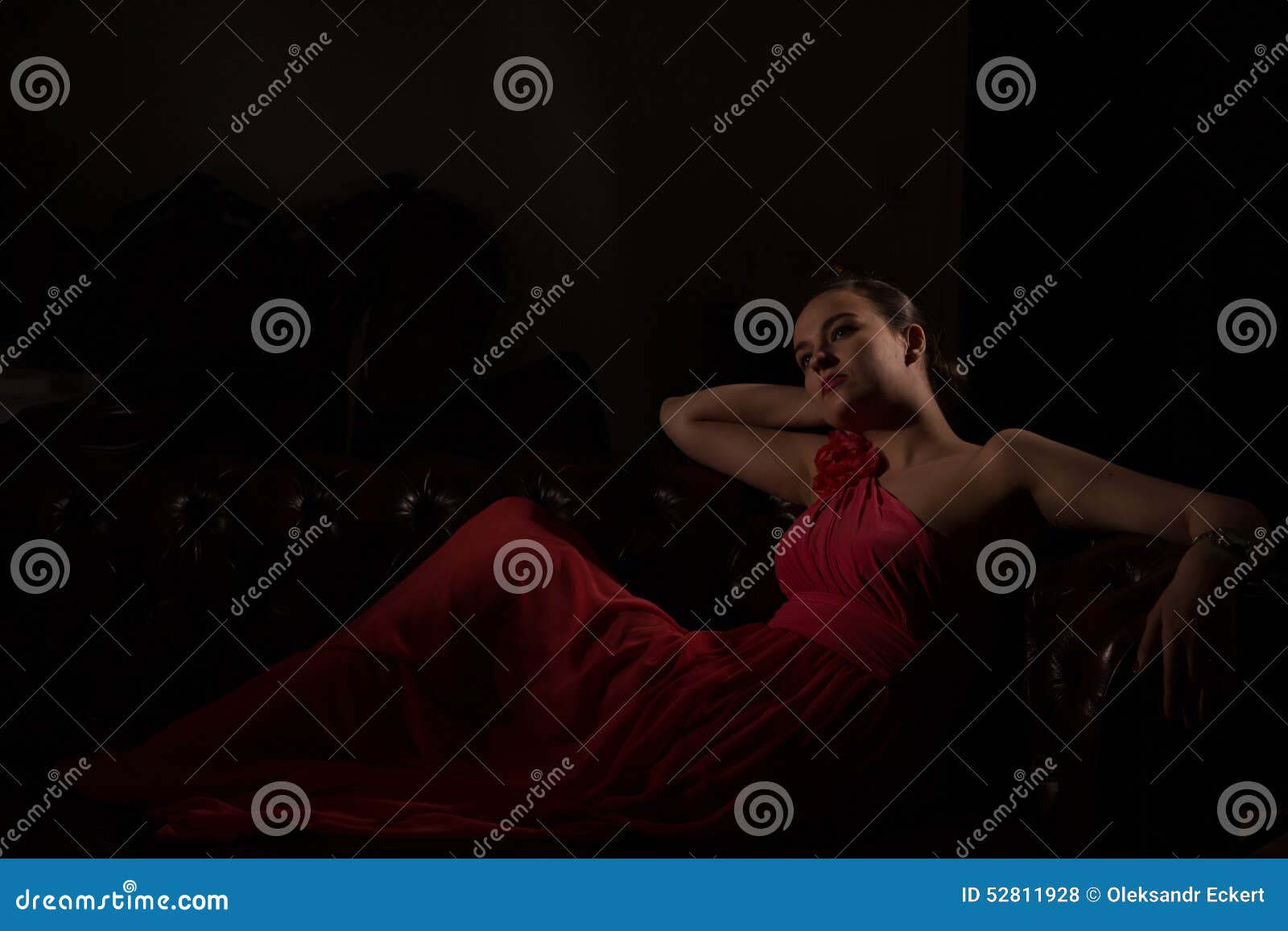 Lady in red in a dark room stock photo. Image of beauty - 52811928