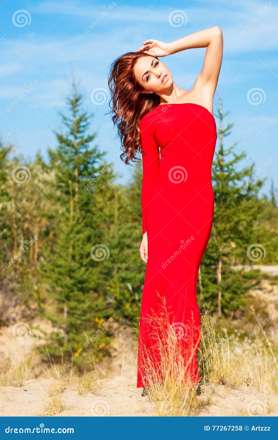 Lady in a Red Dress in the Forest Stock Photo - Image of caucasian ...