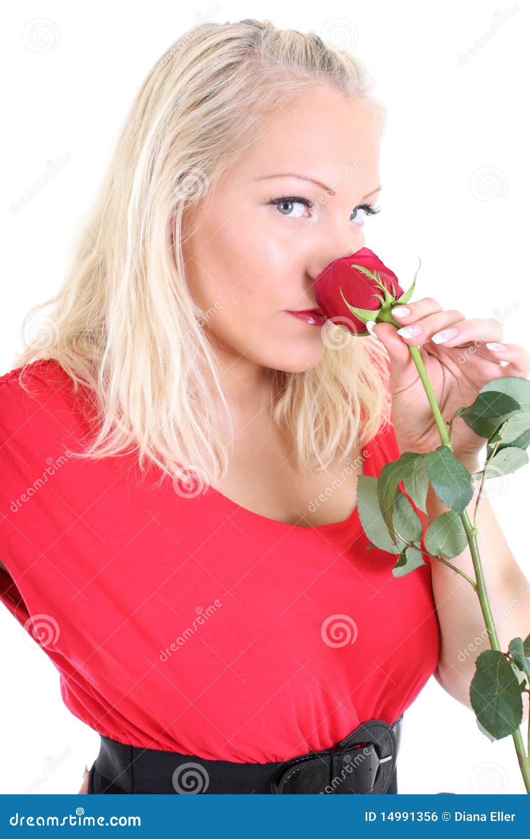 Lady in red with red rose stock photo. Image of blondie - 14991356