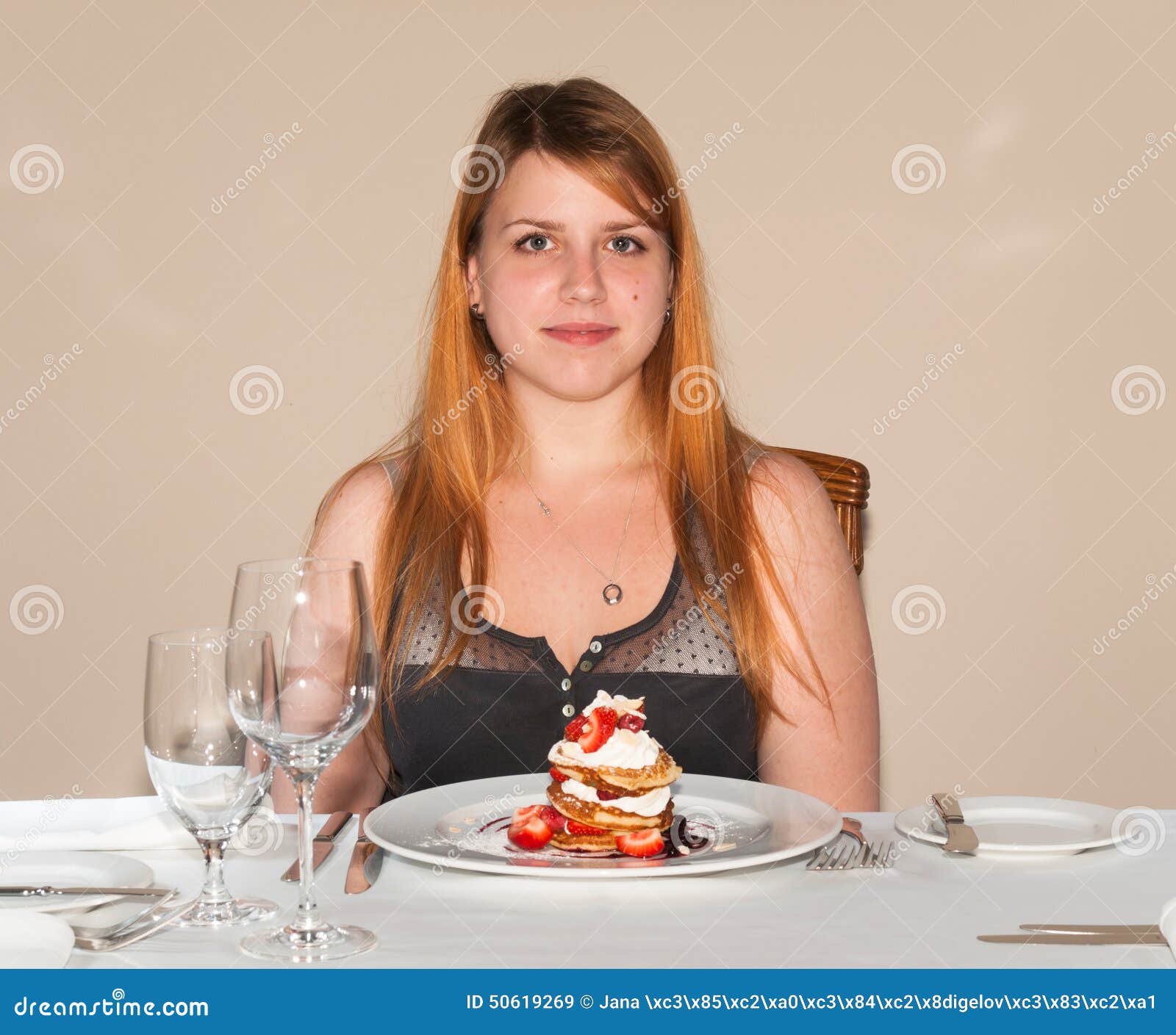 Lady in Restaurant Eating Cake Stock Image - Image of hair, smiling ...