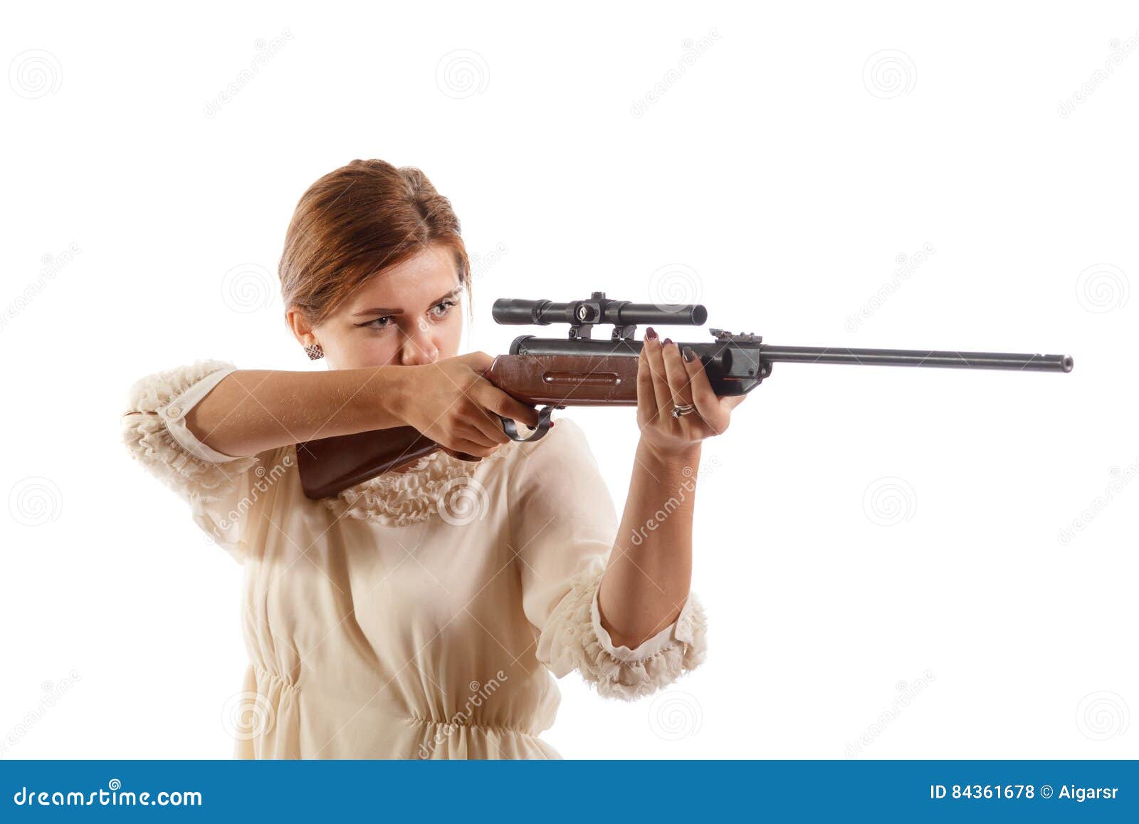 Lady with a rifle stock photo. Image of brunette, model - 84361678