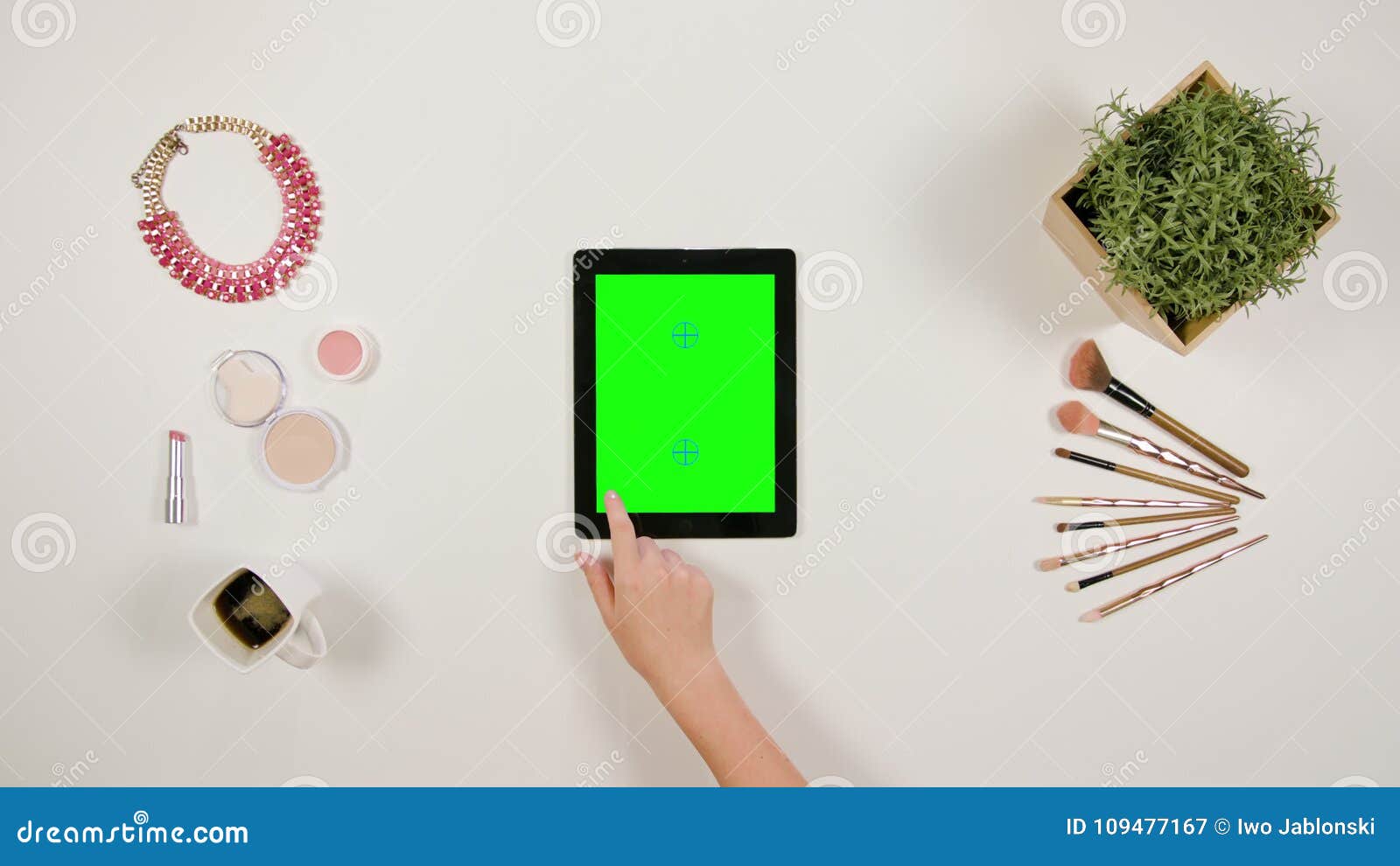 Lady`s Finger Scrolling on the Green Touchscreen Stock Image - Image of ...