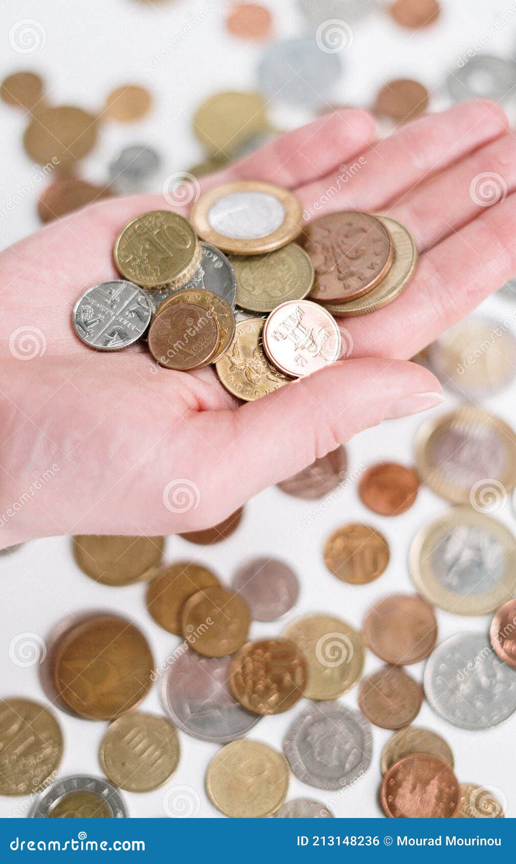 A Lady`s Hand Above Her Palm a Bunch of Coins Stock Photo - Image of ...
