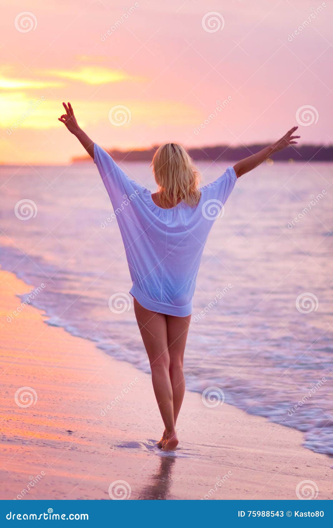 Lady On Sandy Tropical Beach At Sunset Stock Image Image Of Relax