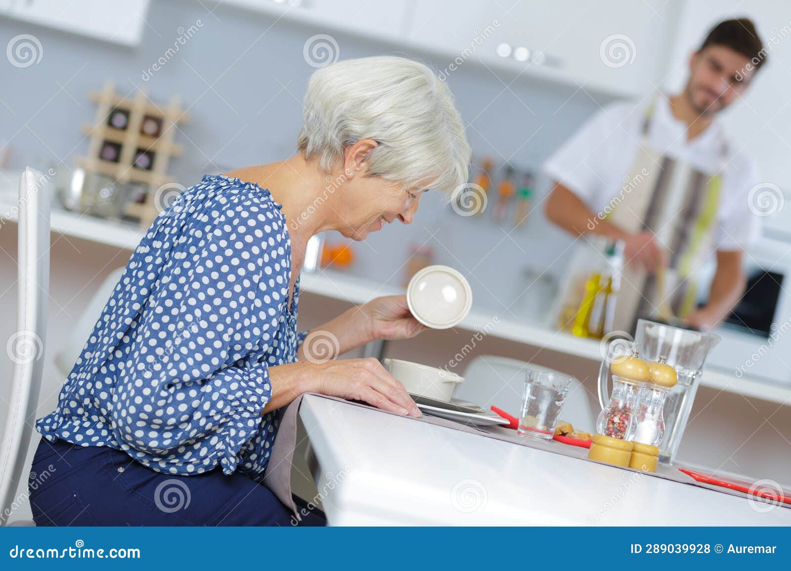 Lady Sat at Table Opening Ramekin Lid Stock Photo - Image of mother ...