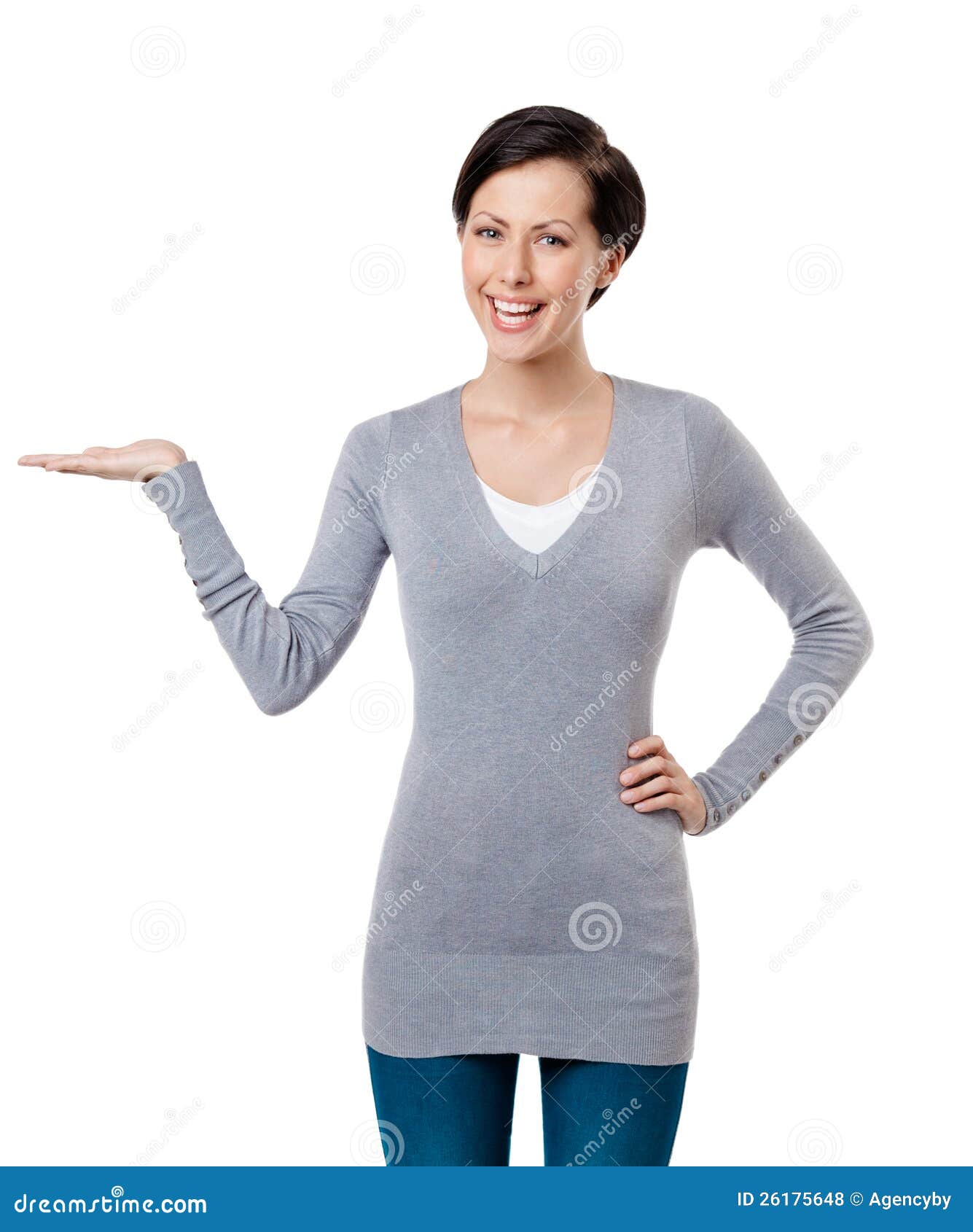 Lady Shows Pointing Hand Gesture Stock Photo - Image of caucasian ...