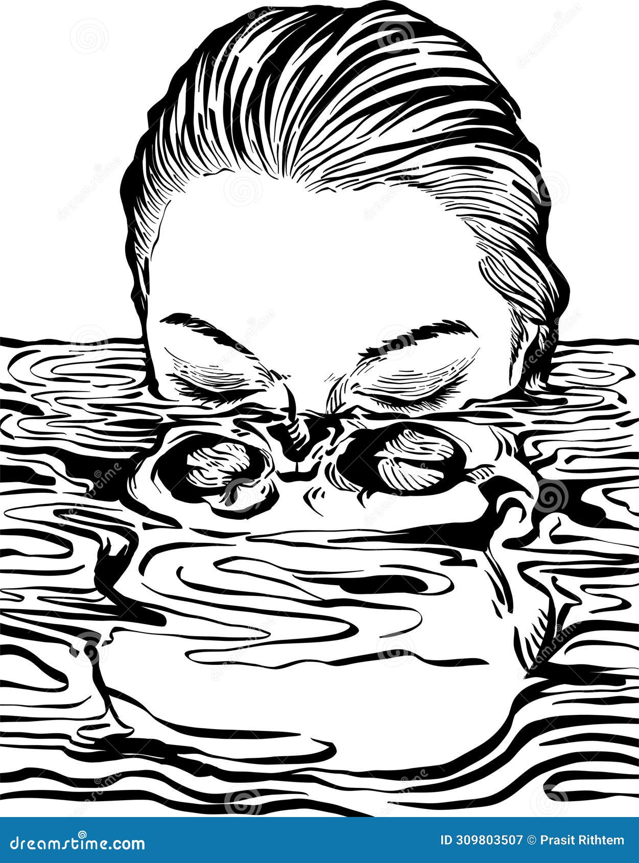 Lady is Sinking into a Water with Skull Reflection on Water Stock ...