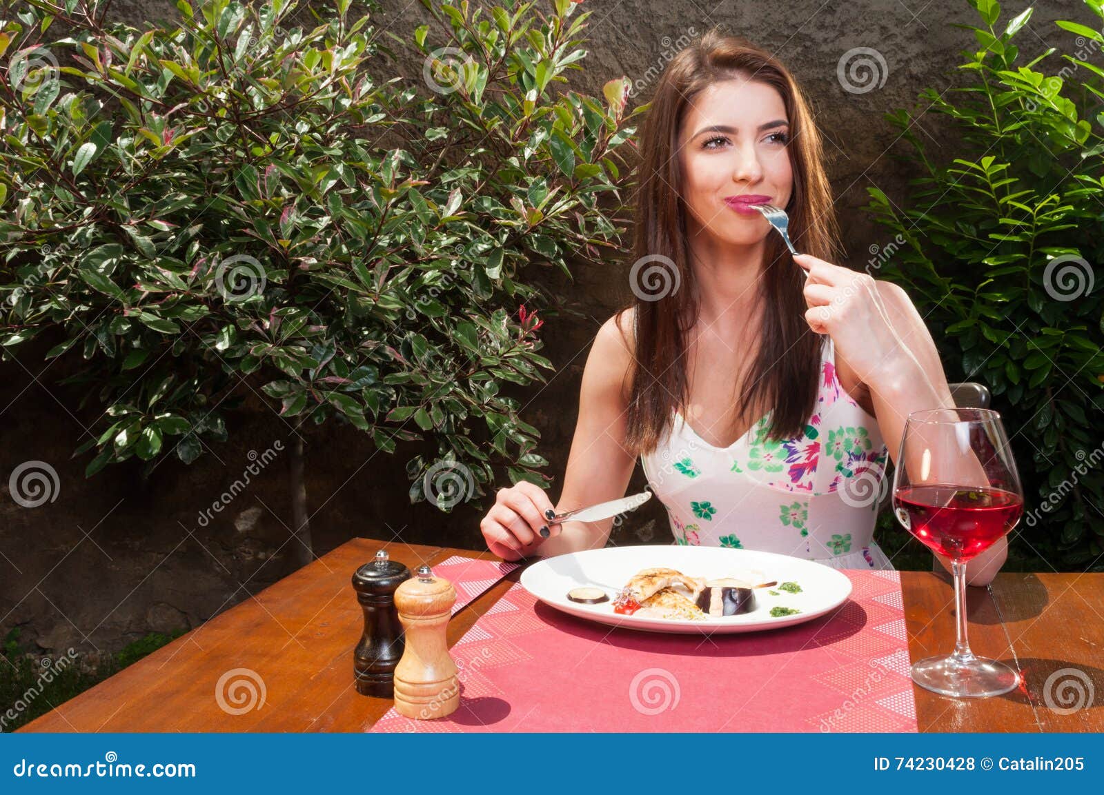 Lady Sitting on Terrace and Eating Lunch Stock Photo - Image of alcohol ...