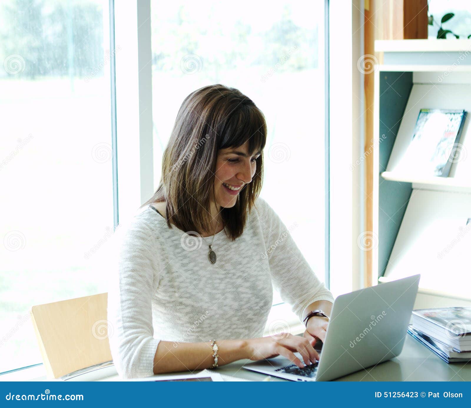 Lady Smiling while Working at Computer Stock Image - Image of lifestyle ...