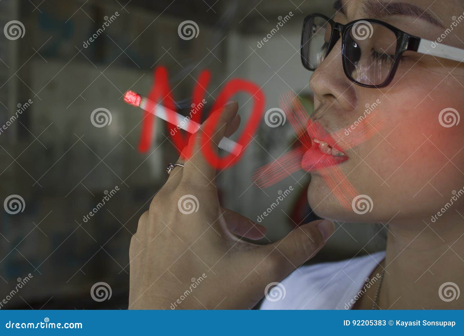 Lady Smoking a Non-smoking Panel, Smoking Cessation Campaign Stock ...