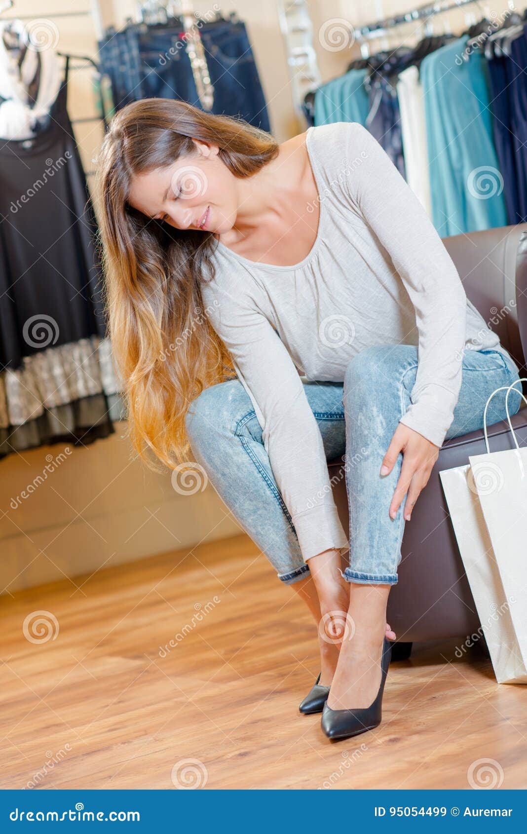 Lady Trying on Shoes in Shop Stock Image - Image of beauty, elegant ...