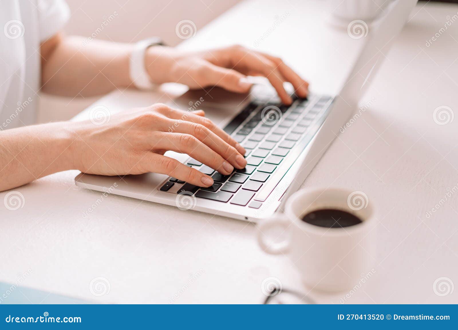 Lady Typing on Laptop Keyboard at Table with Cup of Coffee Stock Photo ...