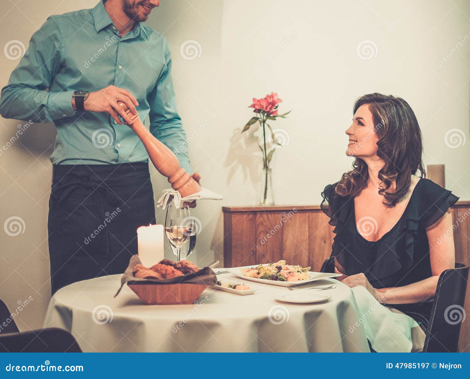 Lady and Waiter in Restaurant Stock Image - Image of eating, adult ...