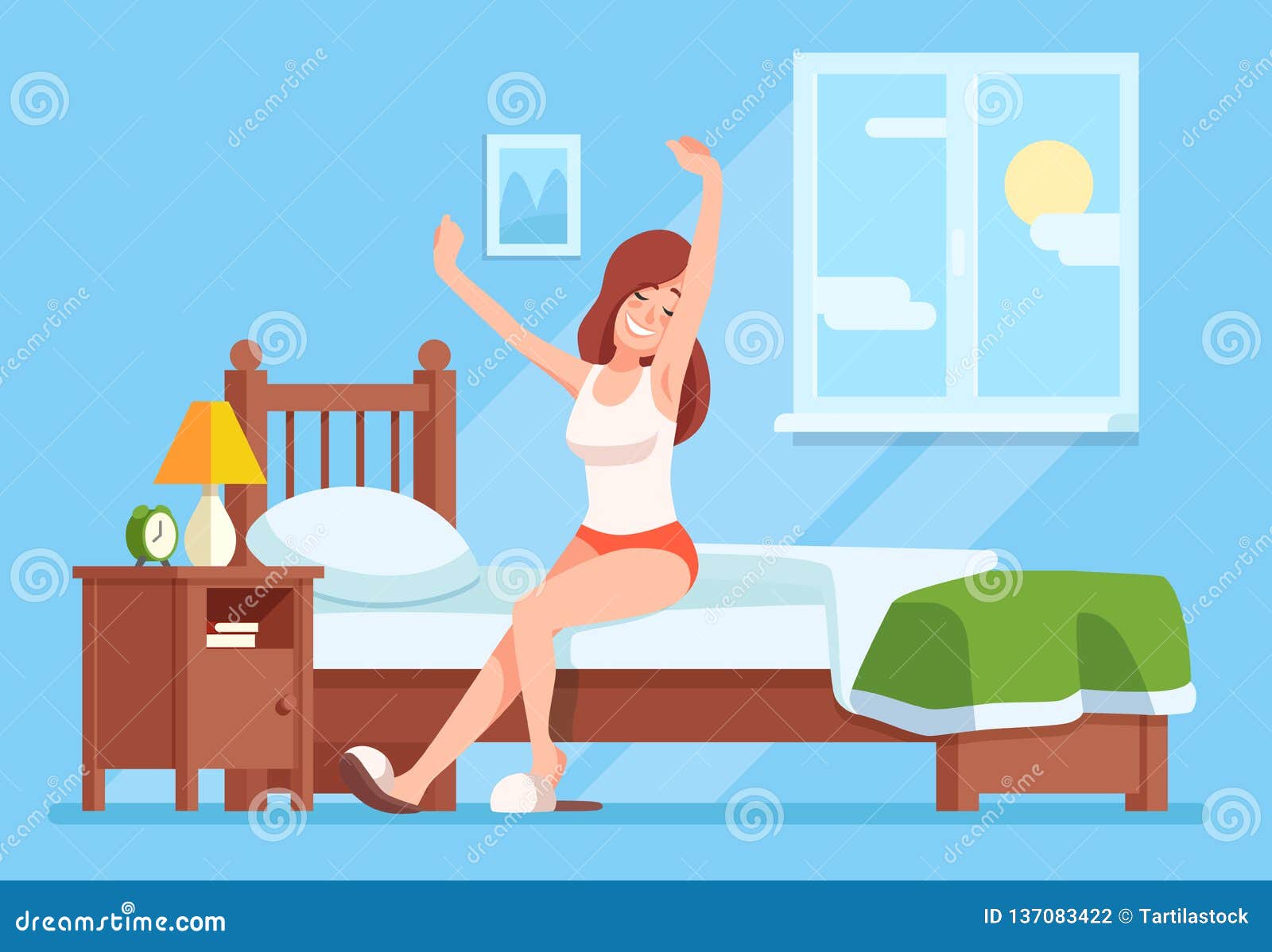 Lady Wakes Up Morning Lady Is Sitting On Mattress Cartoon Vector