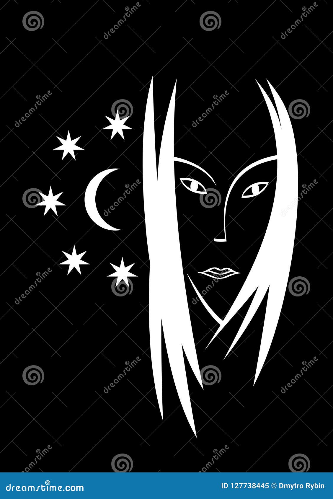 Stylized Portrait of a Woman with a Moon and Stars. Symbolic Pattern ...