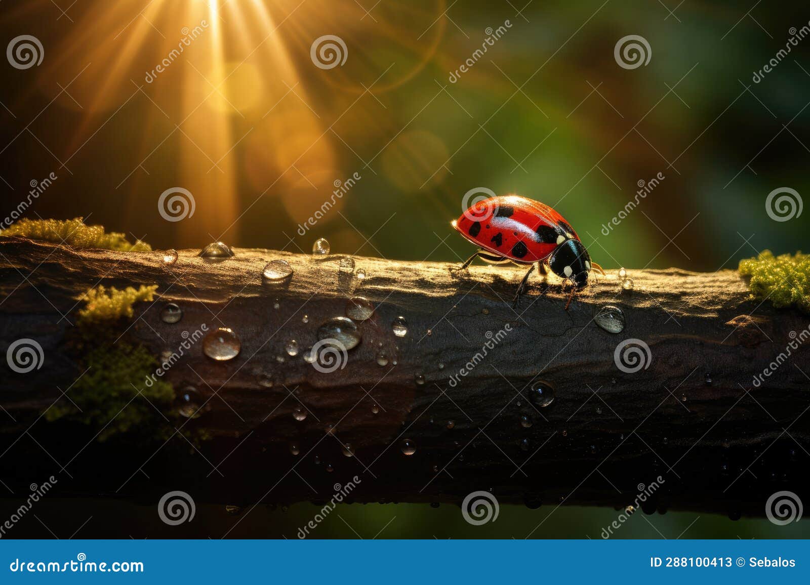 Ladybug on a Branch with Water Droplets at Sunset in the Forest Stock ...